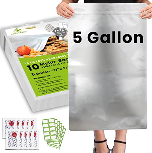 10pcs 5 Gallon Mylar Bags for Food Storage - 10 Mil Thick - Mylar Bags 5 Gallon with Oxygen Absorbers 2500cc - Ziplock Resealable Mylar Bags - Bolsas Mylar 5 Galones