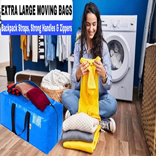 Roman Best Heavy Duty Extra Large Moving Bags 8 set With Backpack Straps Strong Handles and Zippers - Storage Totes For Space Saving - Ideal Alternative to Moving Box - Recycled Material ( Blue - Set of 8 )