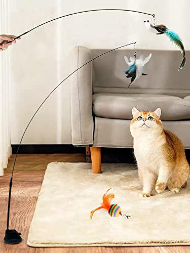 Cat Feather Toys Interactive Cat Toy with Super Suction Cup Detachable 6 PCS Feather Replacements with Bell 2 Wand Cat Spring Feather Toys for Indoor Cats Kitten Play Chase Exercise