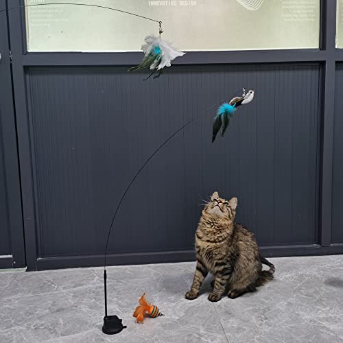 Cat Feather Toys Interactive Cat Toy with Super Suction Cup Detachable 6 PCS Feather Replacements with Bell 2 Wand Cat Spring Feather Toys for Indoor Cats Kitten Play Chase Exercise