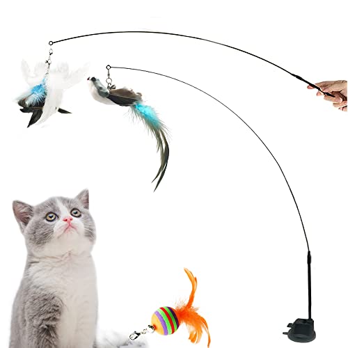 Cat Feather Toys Interactive Cat Toy with Super Suction Cup Detachable 6 PCS Feather Replacements with Bell 2 Wand Cat Spring Feather Toys for Indoor Cats Kitten Play Chase Exercise