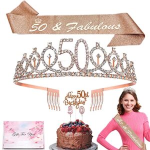 50th birthday decorations women – 50th birthday gifts for women – rose gold happy birthday decorations for girls – includes birthday crown, birthday sash, cake topper – beautiful elegant design (50th)