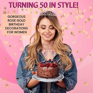 50th Birthday Decorations Women – 50th Birthday Gifts for Women – Rose Gold Happy Birthday Decorations for Girls – Includes Birthday Crown, Birthday Sash, Cake Topper – Beautiful Elegant Design (50th)