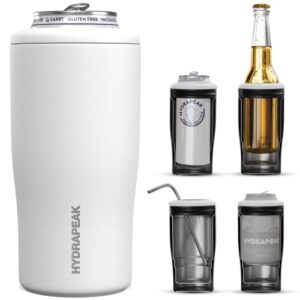 hydrapeak 4-in-1 insulated bottle and can cooler - fits 12 oz slim cans, standard 12 oz cans, and 12oz beer bottles | stainless steel double wall vacuum insulated universal can cooler (white)