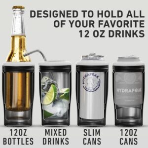 Hydrapeak 4-in-1 Insulated Bottle and Can Cooler - Fits 12 oz Slim Cans, Standard 12 oz Cans, and 12oz Beer Bottles | Stainless Steel Double Wall Vacuum Insulated Universal Can Cooler (White)