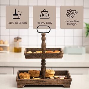 Smedley & York 2 Tiered Tray Stand With 3 Wooden Decor Accessories, Square Wooden 2 Tier Tray Stand for Cupcakes, Fruits - Rustic Finish - Wood Two Tiered Tray Stand for Home Decor, Farmhouse, Kitchen