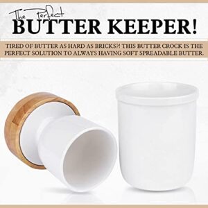 French Butter Crock for Countertop - Farmhouse Style Ceramic Butter Keeper w/Wooden Lid - White French Butter Dish with Water for Fresh & Spreadable Butter