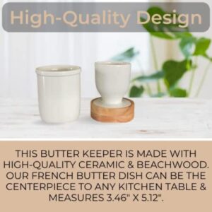 French Butter Crock for Countertop - Farmhouse Style Ceramic Butter Keeper w/Wooden Lid - White French Butter Dish with Water for Fresh & Spreadable Butter