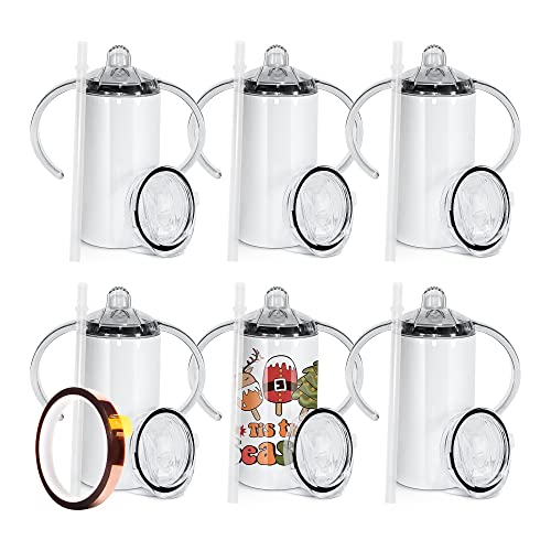 AGH Sublimation Sippy Cup Blank with Handles, 6 Pack 12 oz Straight Sublimation Tumblers Stainless Steel Insulated Skinny Tumblers with Splash-proof Lid, Shatterproof Water Tumbler