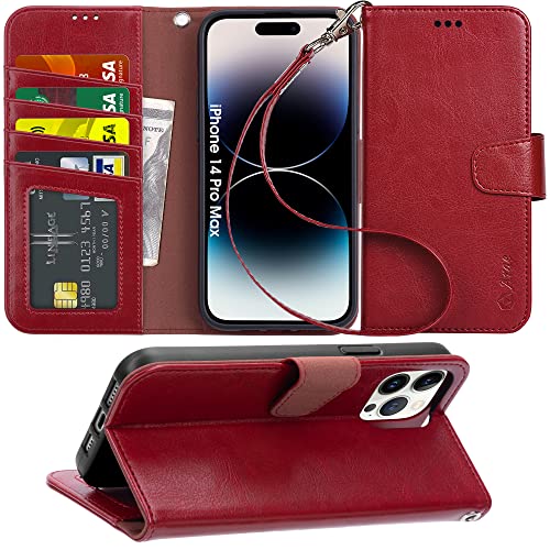 Arae Compatible with iPhone 14 Pro Max Case Wallet Flip Cover with Card Holder and Wrist Strap for iPhone 14 Pro Max 6.7 inch-Wine Red