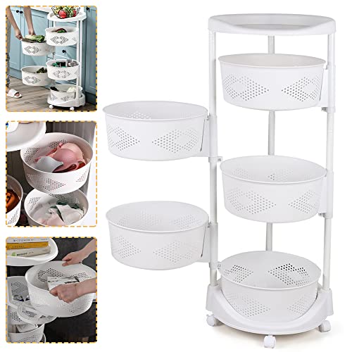 Gdrasuya10 Rotating Multi-Layer Kitchen Storage Shelf Metal Corner Shelves Stackable Removable Basket Rack Organizer on Rolling Wheels for Fruit Vegetable (5-Tier, White)