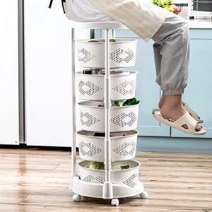 Gdrasuya10 Rotating Multi-Layer Kitchen Storage Shelf Metal Corner Shelves Stackable Removable Basket Rack Organizer on Rolling Wheels for Fruit Vegetable (5-Tier, White)