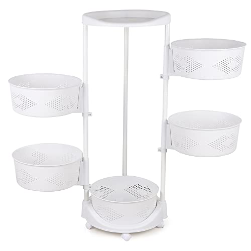 Gdrasuya10 Rotating Multi-Layer Kitchen Storage Shelf Metal Corner Shelves Stackable Removable Basket Rack Organizer on Rolling Wheels for Fruit Vegetable (5-Tier, White)