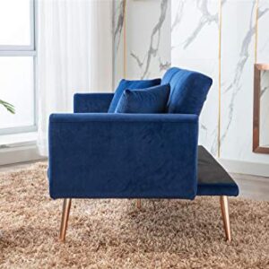 Convertible Foldable futon Sofa Bed with Adjustable backrest, Double Sofa Bed, Sturdy Metal Frame for Compact Living Spaces, Apartments, dorms, lounges, Blue Velvet