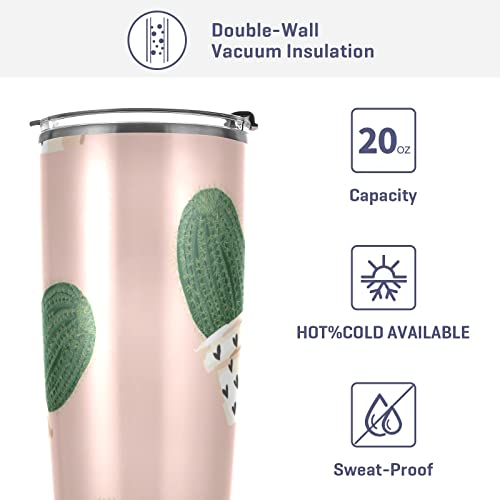 WELLDAY Pink Cactus Stainless Steel Tumbler Cup with Straw & Lid Double Wall Vacuum Insulated Travel Mug Hot Cold Water Bottle Coffee Drinks Cup 20oz