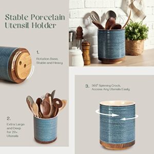 DOWAN Utensil Holder, 360° Rotating Extra Large Cooking Utensil Holder, 7.2" Kitchen Utensil Holder for Countertop, Utensil Crock for Farmhouse Kitchen Decor, Ceramic Stable Utensil Caddy, Blue