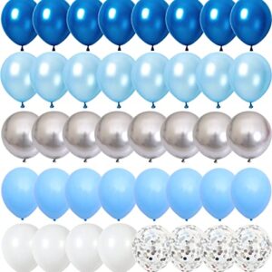 60 Pcs Blue Silver White Balloons, Pearl Royal Light Blue Matte White Chrome Silver Confetti Metallic Latex Balloons for Boys Christening Baby Bridal Shower Blue Wedding Birthday Party Decorations