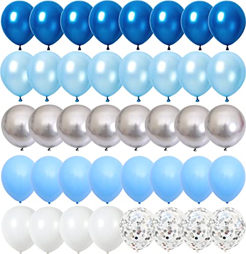 60 Pcs Blue Silver White Balloons, Pearl Royal Light Blue Matte White Chrome Silver Confetti Metallic Latex Balloons for Boys Christening Baby Bridal Shower Blue Wedding Birthday Party Decorations