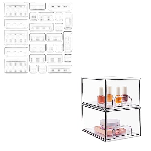 Vtopmart 25 PCS Clear Plastic Drawer Organizers and 2 Pack Stackable Makeup Organizer Storage Drawers