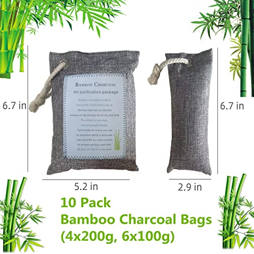 Bamboo Charcoal Air Purifying Bag 10 Pack Charcoal Bags Odor Absorber Activated Charcoal Bags Odor Absorber Moisture Absorber Natural Car Air Freshener Shoe Deodorizer Odor Eliminator (4x200g, 6x100g)