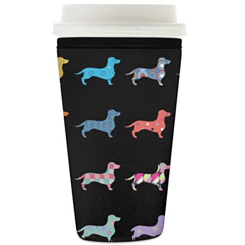 Funny Dachshund Dog Reusable Iced Coffee Sleeve, Decorative Dogs Insulator Sleeve for Cold Drinks Beverages Neoprene Cup Holder for Cold Drink Cups-(26-28oz)