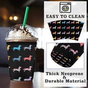 Funny Dachshund Dog Reusable Iced Coffee Sleeve, Decorative Dogs Insulator Sleeve for Cold Drinks Beverages Neoprene Cup Holder for Cold Drink Cups-(26-28oz)