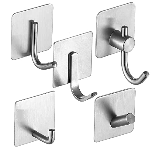 YingRen Strong Adhesive Heavy Duty No Drilling Wall Hooks Stainless Steel Home Storage Coat Rack for Hanging Coats Robes Towel Bags Keys 5 Packs