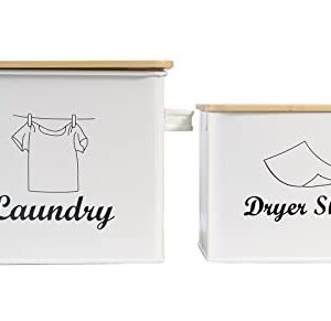 Xbopetda Set of Laundry Powder Bin & Dryer Sheets Holder, Laundry Detergent Powder Storage Box with Scoop, Wooden Lid & Handles, Metal Laundry Dryer Sheet Dispenser for Laundry Room Decor-White