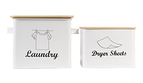 Xbopetda Set of Laundry Powder Bin & Dryer Sheets Holder, Laundry Detergent Powder Storage Box with Scoop, Wooden Lid & Handles, Metal Laundry Dryer Sheet Dispenser for Laundry Room Decor-White