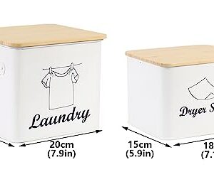 Xbopetda Set of Laundry Powder Bin & Dryer Sheets Holder, Laundry Detergent Powder Storage Box with Scoop, Wooden Lid & Handles, Metal Laundry Dryer Sheet Dispenser for Laundry Room Decor-White