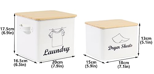 Xbopetda Set of Laundry Powder Bin & Dryer Sheets Holder, Laundry Detergent Powder Storage Box with Scoop, Wooden Lid & Handles, Metal Laundry Dryer Sheet Dispenser for Laundry Room Decor-White