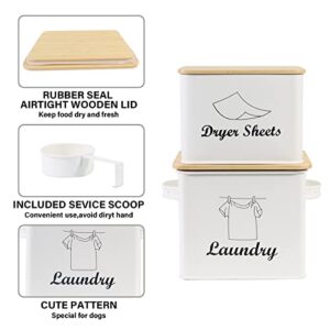 Xbopetda Set of Laundry Powder Bin & Dryer Sheets Holder, Laundry Detergent Powder Storage Box with Scoop, Wooden Lid & Handles, Metal Laundry Dryer Sheet Dispenser for Laundry Room Decor-White