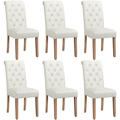 Yaheetech Tufted Dining Chairs Button Parsons Diner Chair Upholstered Fabric Dining Room Chairs with Solid Wood and Padded Seat Stylish Dining Chairs Kitchen Chairs, 6pcs(3 Package), Beige