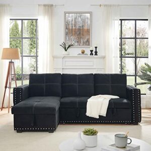 ATY L-Shaped Sectional Sofa with Reversible Storage Chaise & Pulled Out Couch Bed, Living Room Home Furniture 4-Seater w/Copper Nail for Office, Black