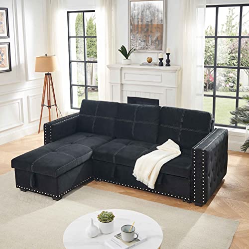 ATY L-Shaped Sectional Sofa with Reversible Storage Chaise & Pulled Out Couch Bed, Living Room Home Furniture 4-Seater w/Copper Nail for Office, Black