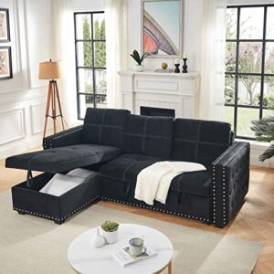 ATY L-Shaped Sectional Sofa with Reversible Storage Chaise & Pulled Out Couch Bed, Living Room Home Furniture 4-Seater w/Copper Nail for Office, Black