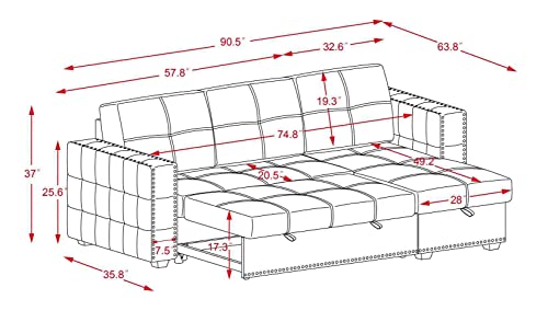 ATY L-Shaped Sectional Sofa with Reversible Storage Chaise & Pulled Out Couch Bed, Living Room Home Furniture 4-Seater w/Copper Nail for Office, Black