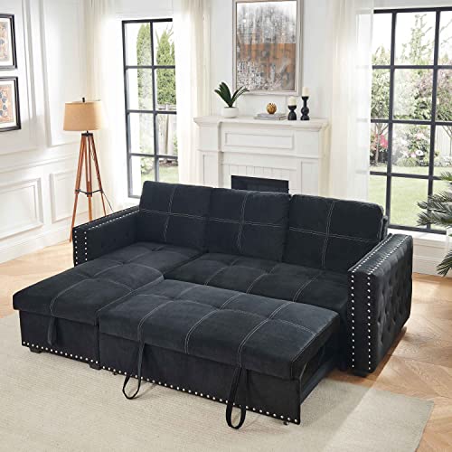 ATY L-Shaped Sectional Sofa with Reversible Storage Chaise & Pulled Out Couch Bed, Living Room Home Furniture 4-Seater w/Copper Nail for Office, Black