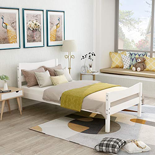 Pvillez Twin Bed Frames, Wood Twin Bed Frame with Headboard and Footboard Kids Bed Frame,Twin Wooden Bedframes Platform with Storage for Girls Boy No Box Spring Needed (White)