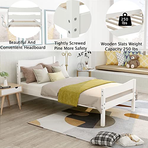 Pvillez Twin Bed Frames, Wood Twin Bed Frame with Headboard and Footboard Kids Bed Frame,Twin Wooden Bedframes Platform with Storage for Girls Boy No Box Spring Needed (White)