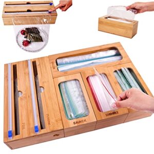 ziplock bag storage organizer and plastic wrap dispenser with cutter, new 2 in 1 plastic bag organizer for kitchen drawer, foil and plastic wrap organizer, suitable for gallon, quart, sandwich bag