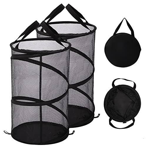 2 Pack Collapsible Mesh Laundry Basket Foldable with Handles Pop Up Dirty Clothes Storage Room Organizer, Black