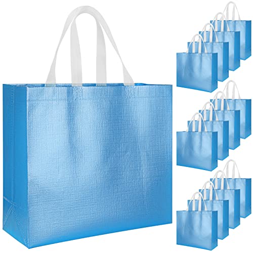 Rikkmte 12Pcs Reusable Gift Bags,Blue Glossy Tote Bags with Handle,Glossy Finish Grocery Bag,Non-woven Shopping Bags,Foldable Bridesmaids Bags Gift Bags for Women Bridesmaid Wedding Birthday Party