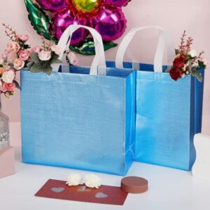 Rikkmte 12Pcs Reusable Gift Bags,Blue Glossy Tote Bags with Handle,Glossy Finish Grocery Bag,Non-woven Shopping Bags,Foldable Bridesmaids Bags Gift Bags for Women Bridesmaid Wedding Birthday Party