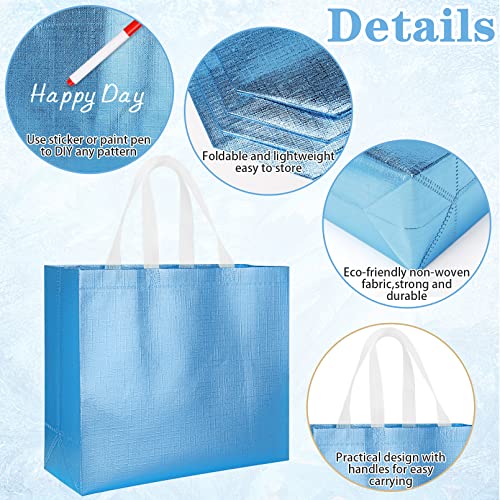 Rikkmte 12Pcs Reusable Gift Bags,Blue Glossy Tote Bags with Handle,Glossy Finish Grocery Bag,Non-woven Shopping Bags,Foldable Bridesmaids Bags Gift Bags for Women Bridesmaid Wedding Birthday Party