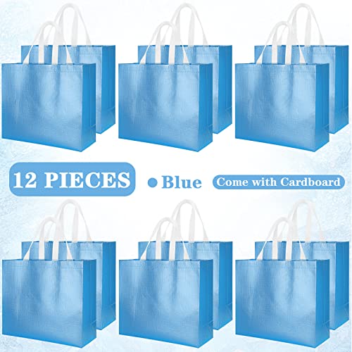 Rikkmte 12Pcs Reusable Gift Bags,Blue Glossy Tote Bags with Handle,Glossy Finish Grocery Bag,Non-woven Shopping Bags,Foldable Bridesmaids Bags Gift Bags for Women Bridesmaid Wedding Birthday Party