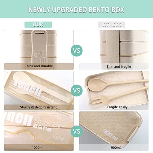 Meltset M 35Pcs Bento Box Japanese Lunch Box Kit Leakproof Bento Lunch Box for Kids Adults Wheat Straw 3 Layer Stackable Lunch Containers with Compartment Eco-Friendly Meal Prep Containers (Beige)