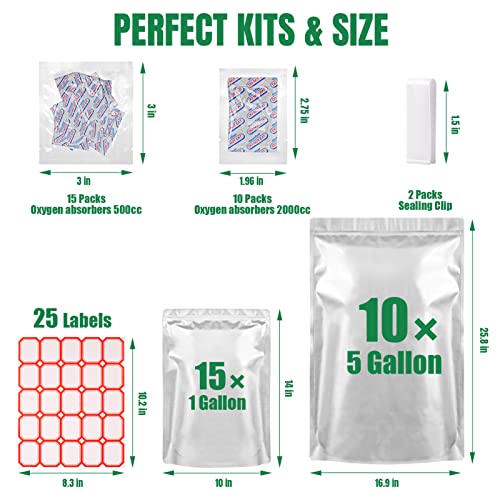 5 Gallon Mylar Bags for Food Storage,10.5 Mil Mylar Bags with Oxygen Absorbers 2000cc-25 Mylar Bags 5 Gallon & 1 Gallon,Stand-Up Zipper Resealable Bags & Heat Sealable Food Storage Bags + Labels