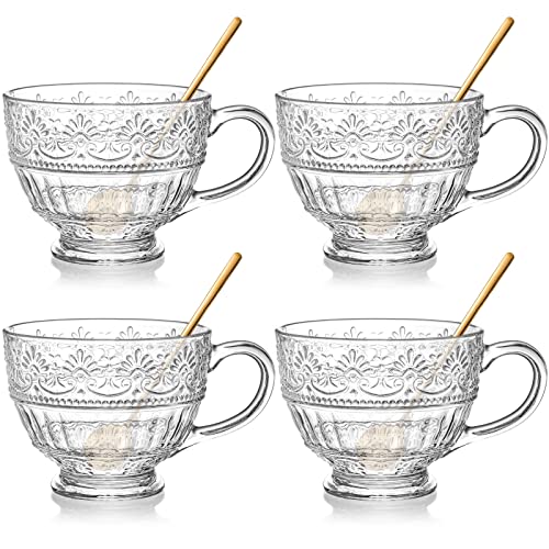 AVLA 4 Pack Glass Coffee Mugs, 16 OZ Clear Tea Cups with Handle and Spoons, Crystal Drinking Glassware for Latte, Cappuccino, Americano, Juice, Hot Beverage, Water, Dishwasher & Microwave Safe