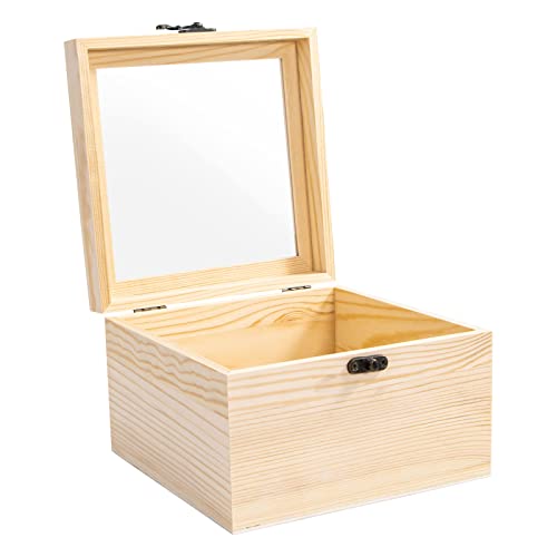 Useekoo Unfinished Wooden Display Box with Glass Top Hinged Lid, 7.9'' x 7.9'' x 4.7'' Small Wood Keepsake Storage Box, DIY Craft Box for Collectibles Jewelry Gift and Home Decorations